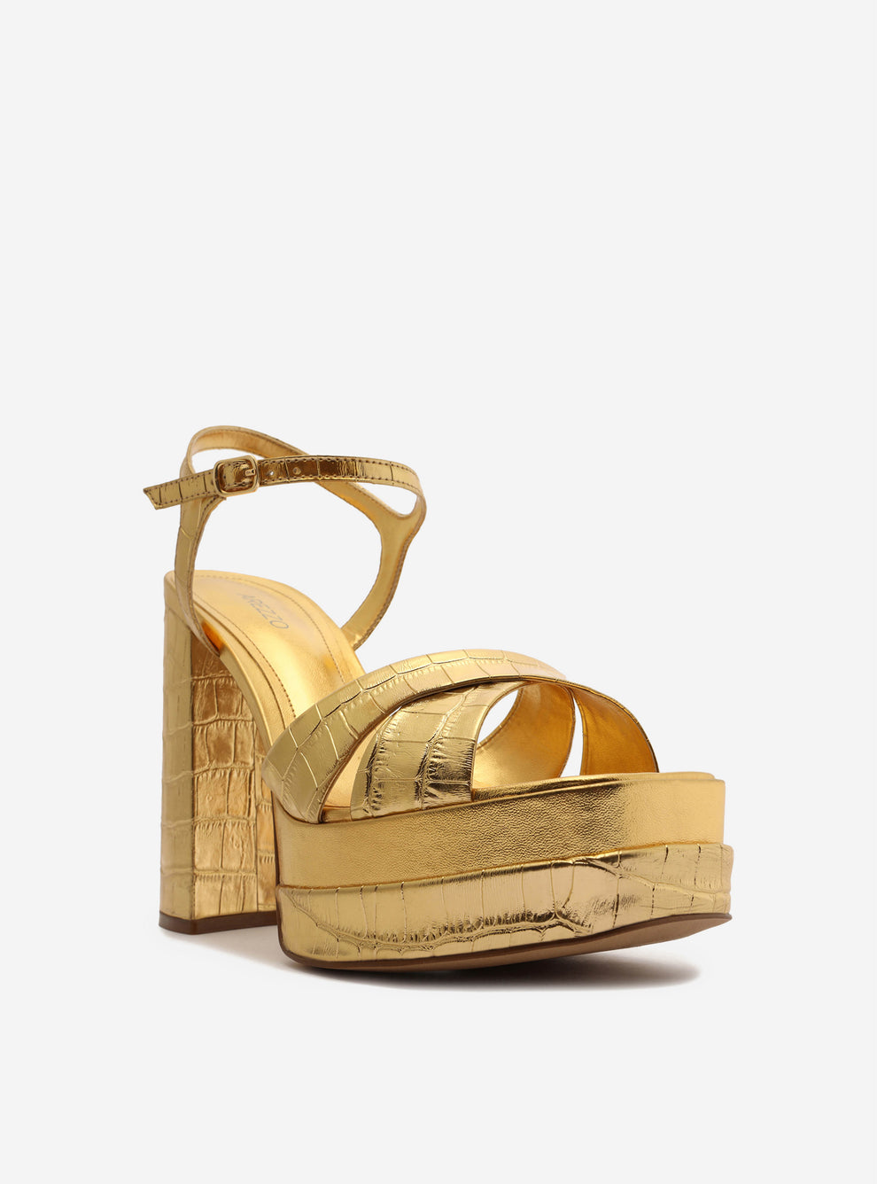 Miranda Gold Block Heel Sandal | Arezzo
